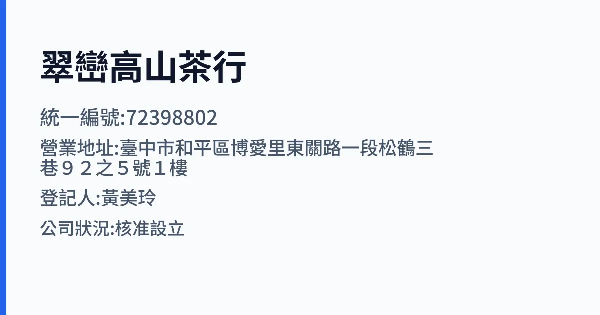 翠巒高山茶行 - 統編 72398802(臺中市) 公司登記資料與營業項目詳細圖表