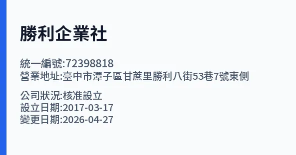 勝利企業社的照片-統編 72398818(臺中市) 公司登記資料與營業項目詳細圖表
