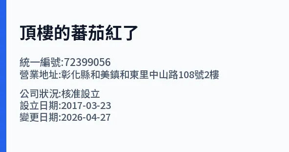 頂樓的蕃茄紅了的照片-統編 72399056(彰化縣) 公司登記資料與營業項目詳細圖表