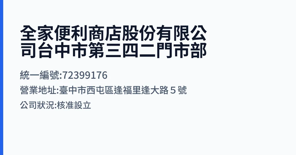 全家便利商店股份有限公司台中市第三四二門市部 - 統編 72399176(臺中市) 公司登記資料與營業項目詳細圖表