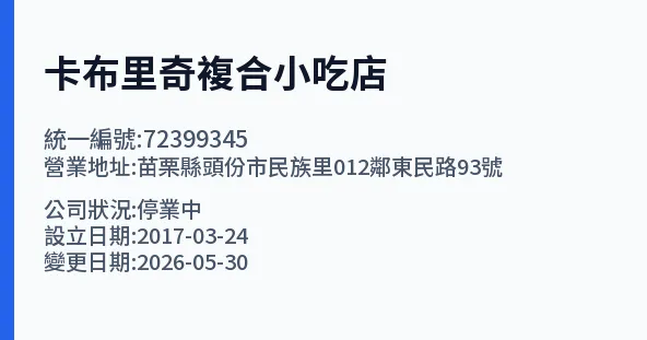卡布里奇複合小吃店的照片-統編 72399345(苗栗縣) 公司登記資料與營業項目詳細圖表
