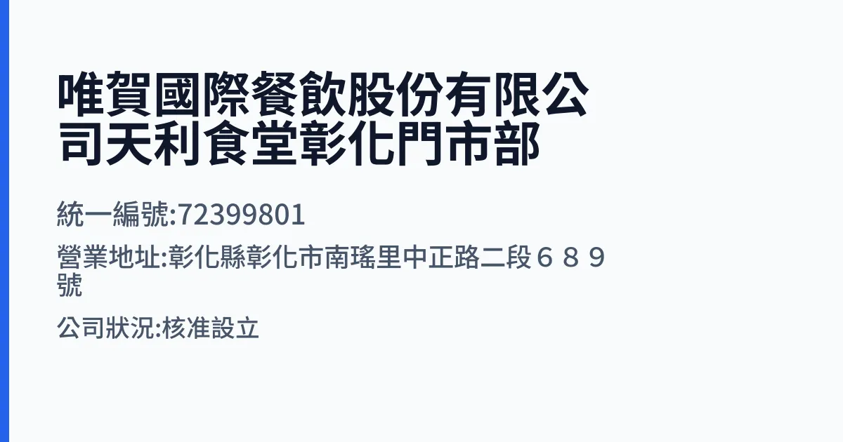 唯賀國際餐飲股份有限公司天利食堂彰化門市部 - 統編 72399801(彰化縣) 公司登記資料與營業項目詳細圖表