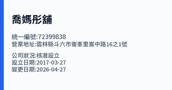 喬媽彤舖的照片-統編 72399838(雲林縣) 公司登記資料與營業項目詳細圖表