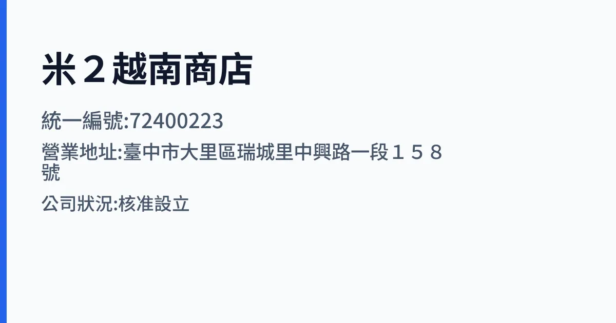 米２越南商店 - 統編 72400223(臺中市) 公司登記資料與營業項目詳細圖表