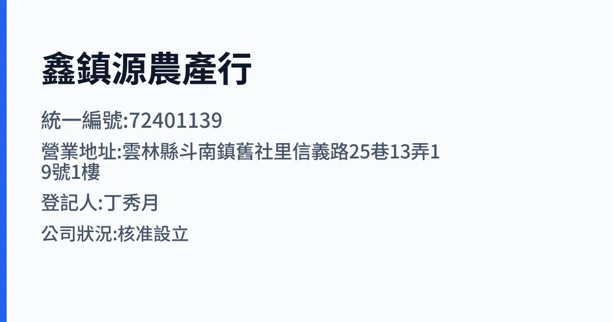 鑫鎮源農產行 - 統編 72401139（雲林縣） 公司登記資料與營業項目詳細圖表