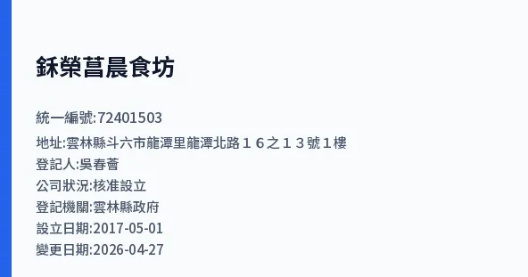 鉌榮菖晨食坊的照片-統編 72401503(雲林縣) 公司登記資料與營業項目詳細圖表
