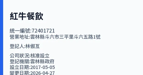 紅牛餐飲的照片-統編 72401721(雲林縣) 公司登記資料與營業項目詳細圖表