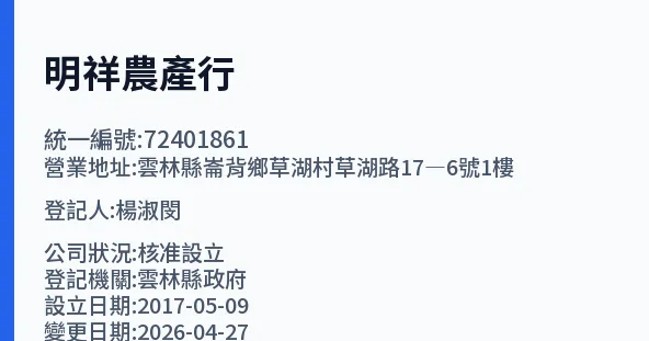 明祥農產行的照片-統編 72401861(雲林縣) 公司登記資料與營業項目詳細圖表