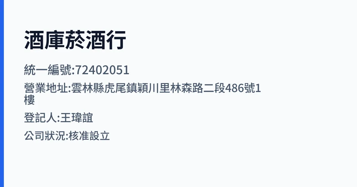 酒庫菸酒行 - 統編 72402051(雲林縣) 公司登記資料與營業項目詳細圖表