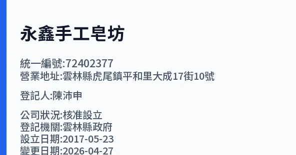 永鑫手工皂坊的照片-統編 72402377(雲林縣) 公司登記資料與營業項目詳細圖表