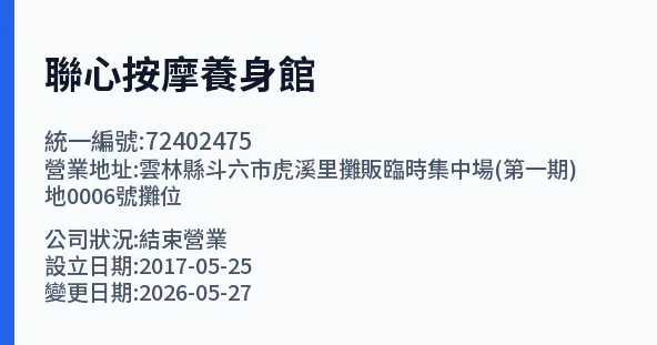 聯心按摩養身館的照片-統編 72402475(雲林縣) 公司登記資料與營業項目詳細圖表