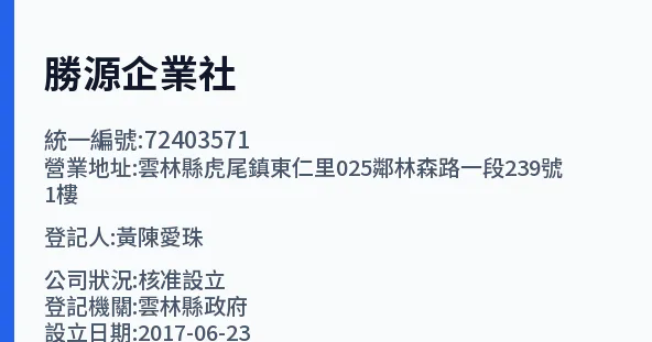 勝源企業社的照片-統編 72403571(雲林縣) 公司登記資料與營業項目詳細圖表