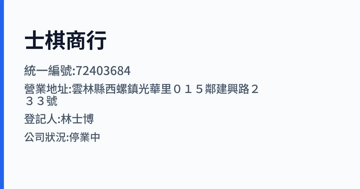 士棋商行 - 統編 72403684(雲林縣) 公司登記資料與營業項目詳細圖表