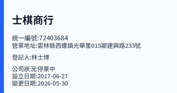 士棋商行的照片-統編 72403684(雲林縣) 公司登記資料與營業項目詳細圖表