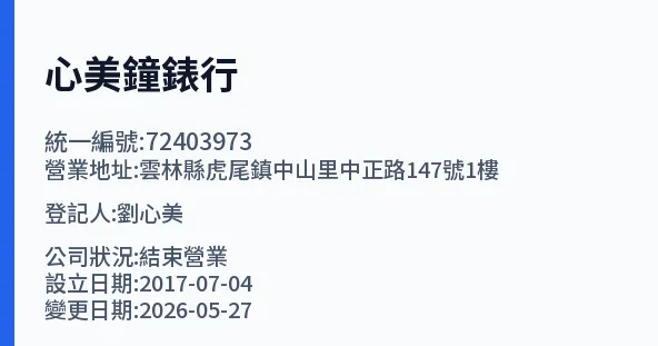 心美鐘錶行的照片-統編 72403973(雲林縣) 公司登記資料與營業項目詳細圖表
