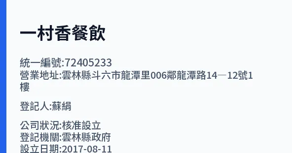 一村香餐飲的照片-統編 72405233(雲林縣) 公司登記資料與營業項目詳細圖表
