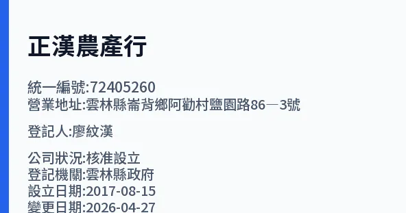 正漢農產行的照片-統編 72405260(雲林縣) 公司登記資料與營業項目詳細圖表