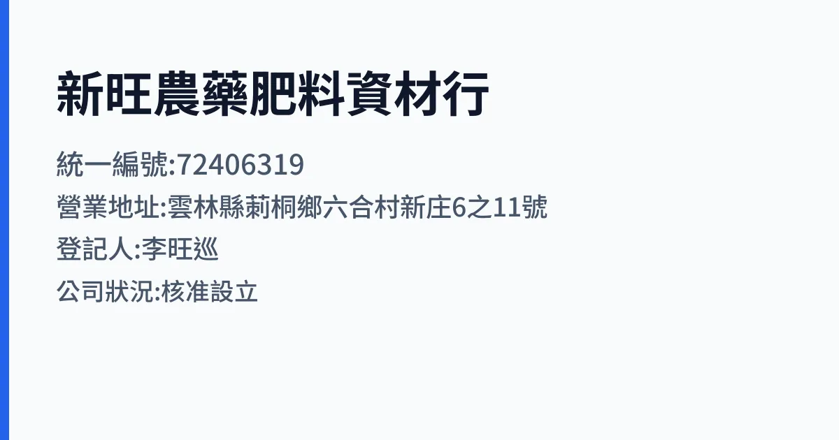 新旺農藥肥料資材行 - 統編 72406319（雲林縣） 公司登記資料與營業項目詳細圖表