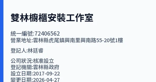 雙林櫥櫃安裝工作室的照片-統編 72406562(雲林縣) 公司登記資料與營業項目詳細圖表