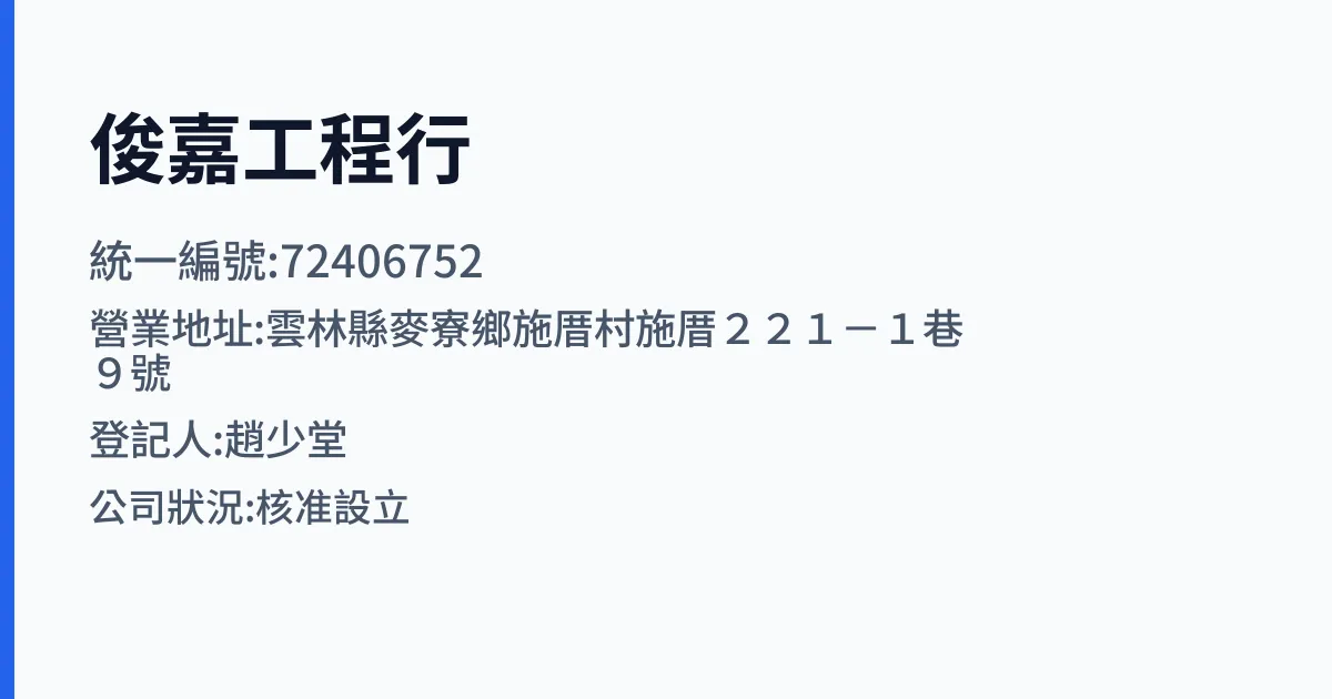 俊嘉工程行 - 統編 72406752(雲林縣) 公司登記資料與營業項目詳細圖表