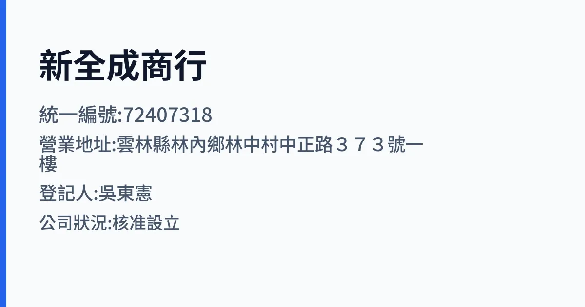 新全成商行 - 統編 72407318(雲林縣) 公司登記資料與營業項目詳細圖表