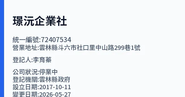 璟沅企業社的照片-統編 72407534(雲林縣) 公司登記資料與營業項目詳細圖表
