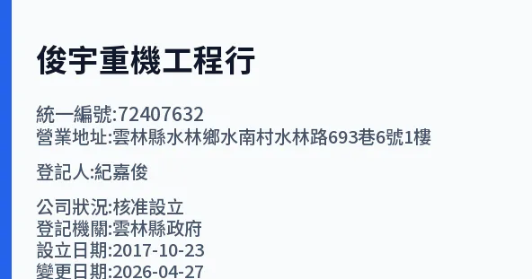 俊宇重機工程行的照片-統編 72407632(雲林縣) 公司登記資料與營業項目詳細圖表