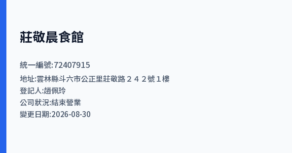 莊敬晨食館的照片-統編 72407915(雲林縣) 公司登記資料與營業項目詳細圖表