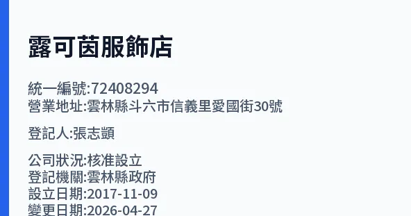 露可茵服飾店的照片-統編 72408294(雲林縣) 公司登記資料與營業項目詳細圖表