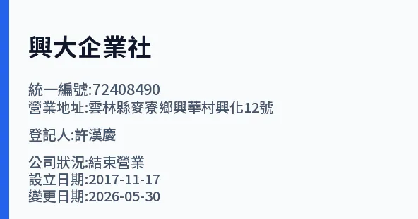 興大企業社的照片-統編 72408490(雲林縣) 公司登記資料與營業項目詳細圖表
