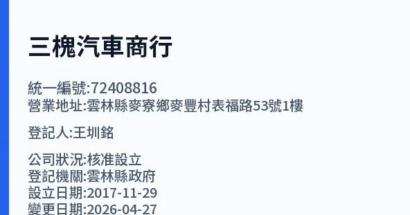 三槐汽車商行的照片-統編 72408816(雲林縣) 公司登記資料與營業項目詳細圖表