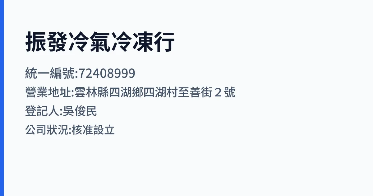 振發冷氣冷凍行 - 統編 72408999(雲林縣) 公司登記資料與營業項目詳細圖表