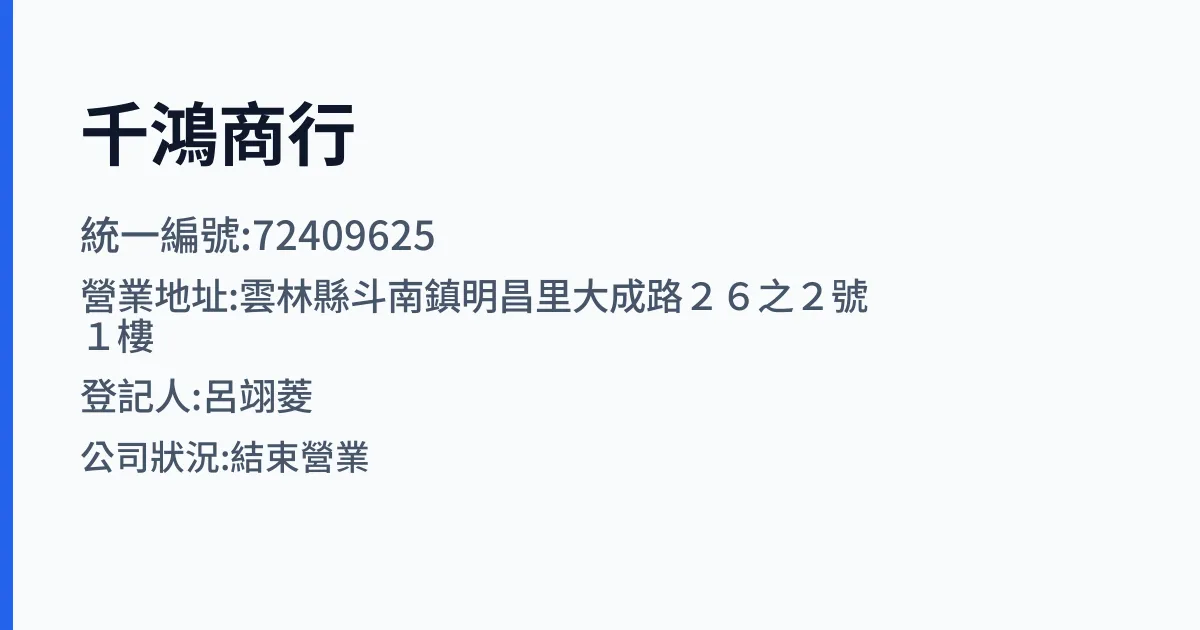 千鴻商行 - 統編 72409625(雲林縣) 公司登記資料與營業項目詳細圖表