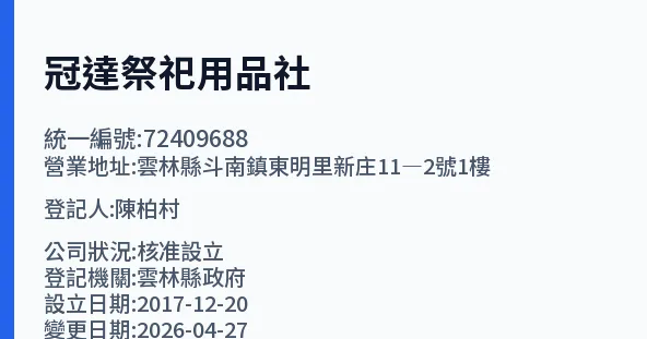 冠達祭祀用品社的照片-統編 72409688(雲林縣) 公司登記資料與營業項目詳細圖表