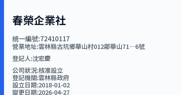春榮企業社的照片-統編 72410117(雲林縣) 公司登記資料與營業項目詳細圖表