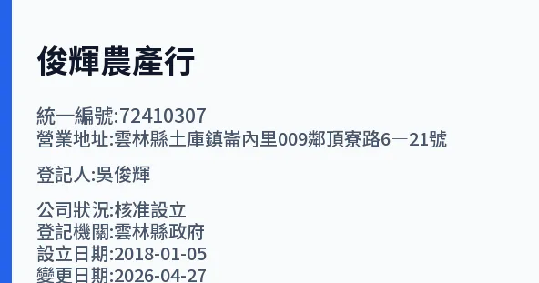 俊輝農產行的照片-統編 72410307(雲林縣) 公司登記資料與營業項目詳細圖表