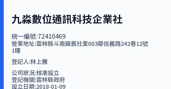 九淼數位通訊科技企業社的照片-統編 72410469(雲林縣) 公司登記資料與營業項目詳細圖表