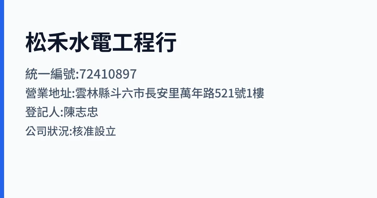 松禾水電工程行 - 統編 72410897(雲林縣) 公司登記資料與營業項目詳細圖表