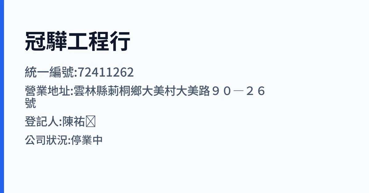 冠驊工程行 - 統編 72411262(雲林縣) 公司登記資料與營業項目詳細圖表