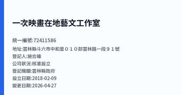 一次映畫在地藝文工作室的照片-統編 72411586(雲林縣) 公司登記資料與營業項目詳細圖表