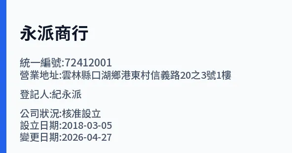 永派商行的照片-統編 72412001(雲林縣) 公司登記資料與營業項目詳細圖表