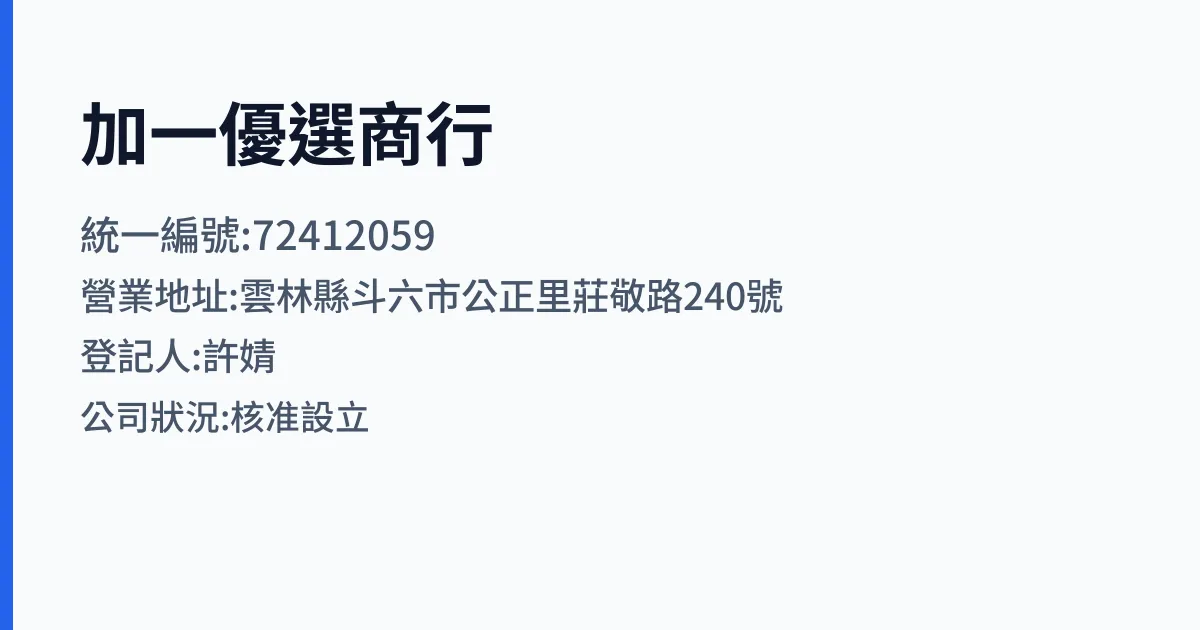 加一優選商行 - 統編 72412059(雲林縣) 公司登記資料與營業項目詳細圖表