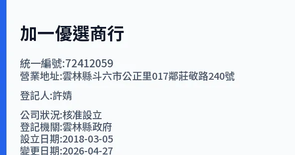 加一優選商行的照片-統編 72412059(雲林縣) 公司登記資料與營業項目詳細圖表