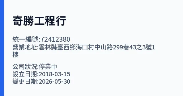 奇勝工程行的照片-統編 72412380(雲林縣) 公司登記資料與營業項目詳細圖表