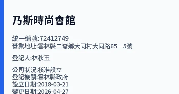 乃斯時尚會館的照片-統編 72412749(雲林縣) 公司登記資料與營業項目詳細圖表
