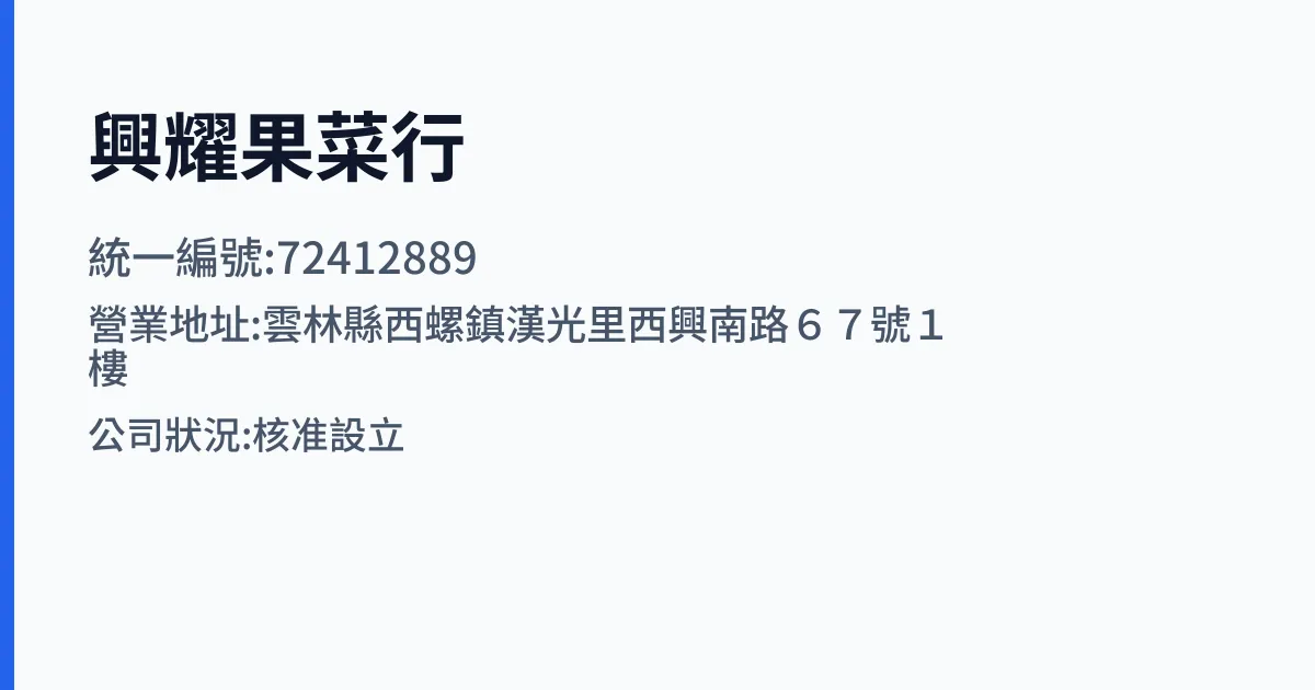 興耀果菜行 - 統編 72412889(雲林縣) 公司登記資料與營業項目詳細圖表