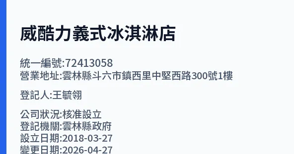 威酷力義式冰淇淋店的照片-統編 72413058(雲林縣) 公司登記資料與營業項目詳細圖表
