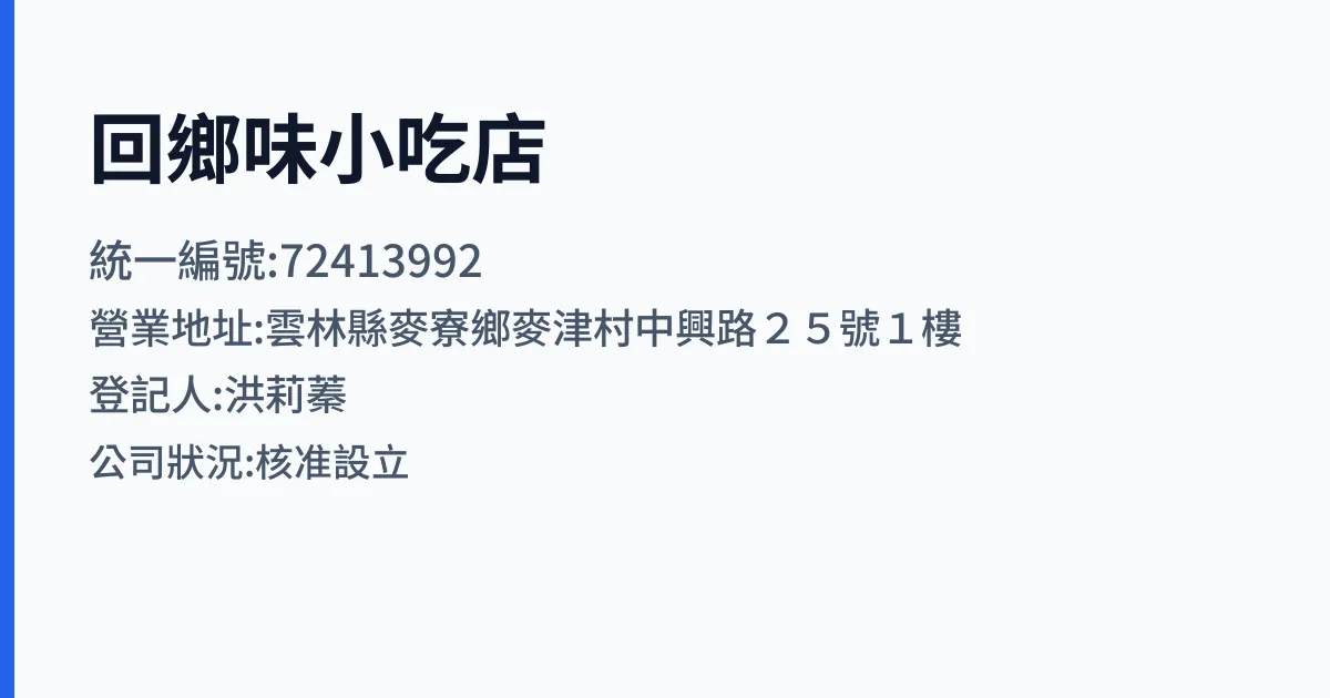 回鄉味小吃店 - 統編 72413992(雲林縣) 公司登記資料與營業項目詳細圖表