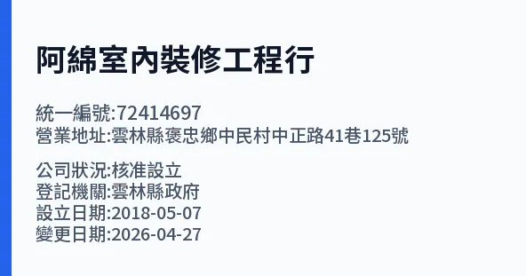 阿綿室內裝修工程行的照片-統編 72414697(雲林縣) 公司登記資料與營業項目詳細圖表