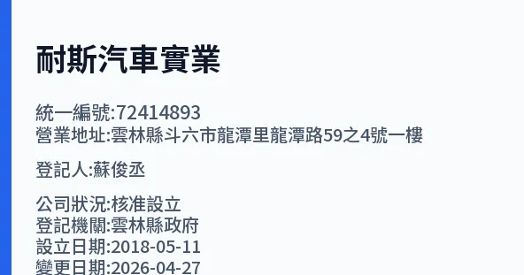 耐斯汽車實業的照片-統編 72414893(雲林縣) 公司登記資料與營業項目詳細圖表